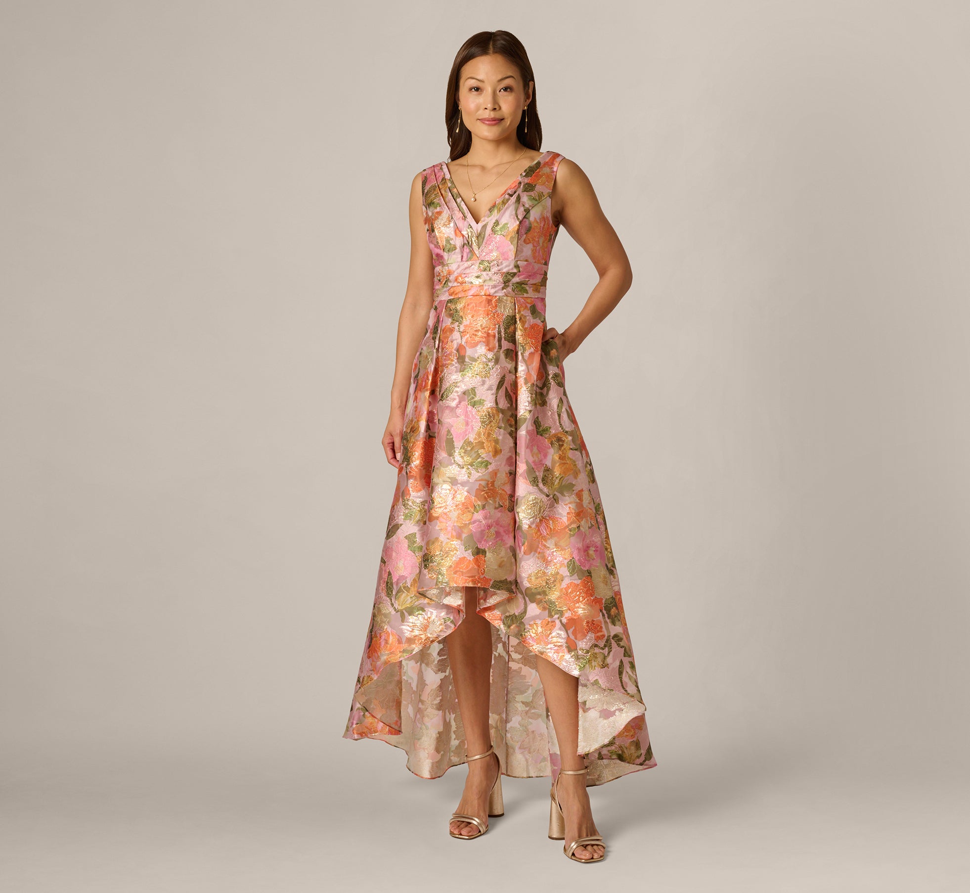ADRIANNA PAPELL Floral Jacquard High-Low Gown
